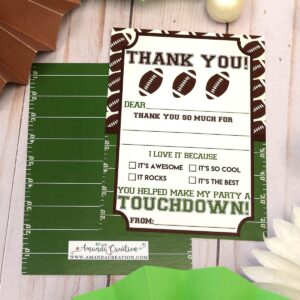 Football Touchdown Thank You Notes for Boys, Ten 4" x 5.5" Fill In The Blank Cards with 10 White Envelopes by AmandaCreation