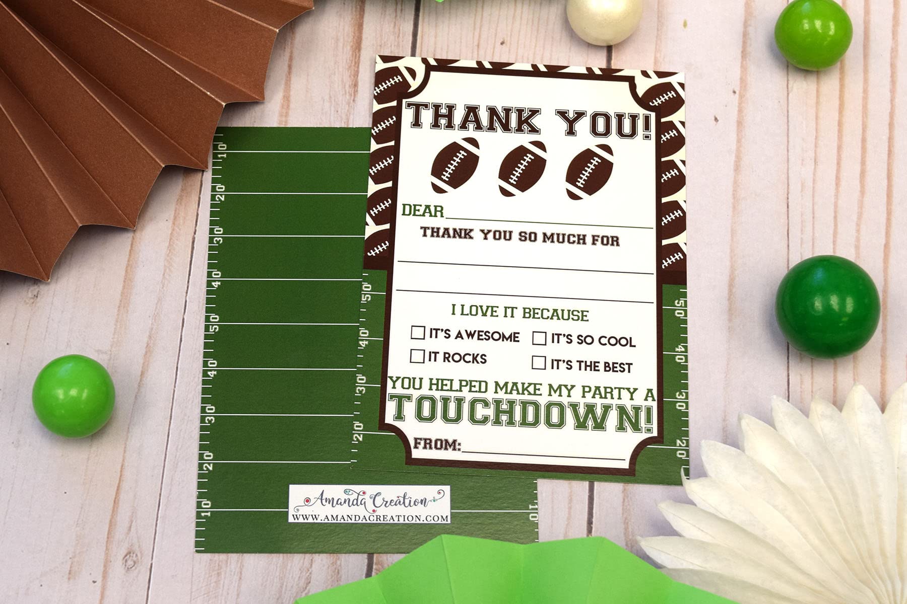 Football Touchdown Thank You Notes for Boys, Ten 4" x 5.5" Fill In The Blank Cards with 10 White Envelopes by AmandaCreation