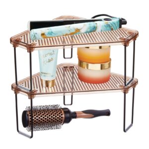 mdesign plastic/steel corner stackable rack, storage organizer shelf for bathroom, vanity, countertop, sink, cabinet, holds makeup, shower accessories, ligne collection - 2 pack - bronze/amber