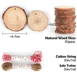 50Pcs Wood Slices 2.4"-2.8" Unfinished Natural Wood Rounds with Pre-drilled Hole and 66Feet Twine String, Wood Slices for Wood Burning Painting DIY Crafts Christmas Ornaments Party Wedding Decor