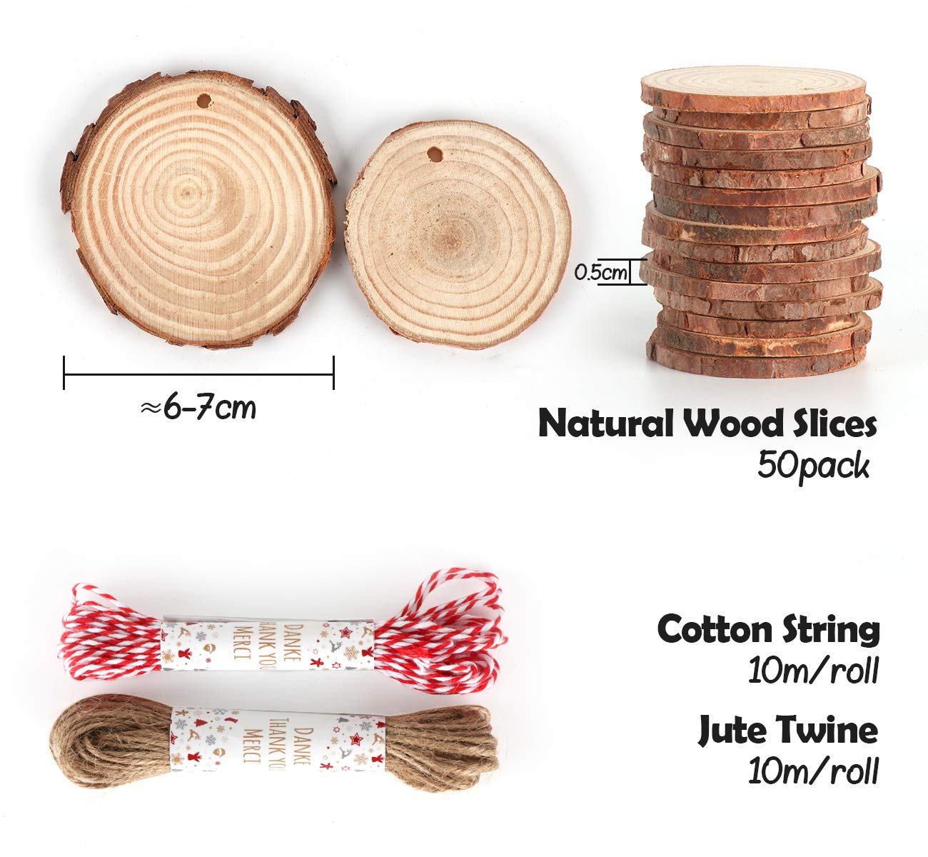 50Pcs Wood Slices 2.4"-2.8" Unfinished Natural Wood Rounds with Pre-drilled Hole and 66Feet Twine String, Wood Slices for Wood Burning Painting DIY Crafts Christmas Ornaments Party Wedding Decor