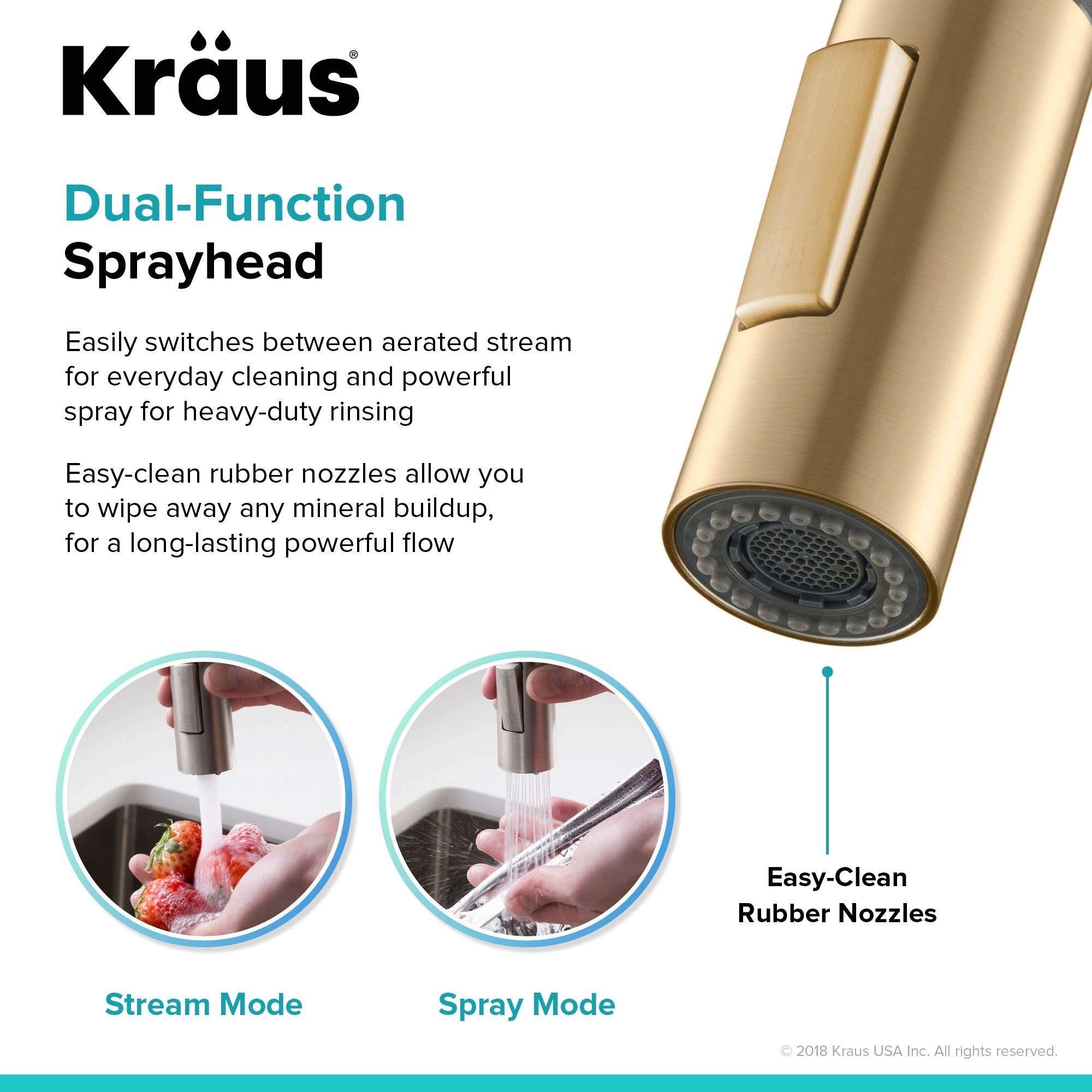 KRAUS Oletto Single Handle Pull Down Kitchen Faucet with QuickDock Top Mount Installation Assembly in Spot-Free Brushed Brass, KPF-2620BB