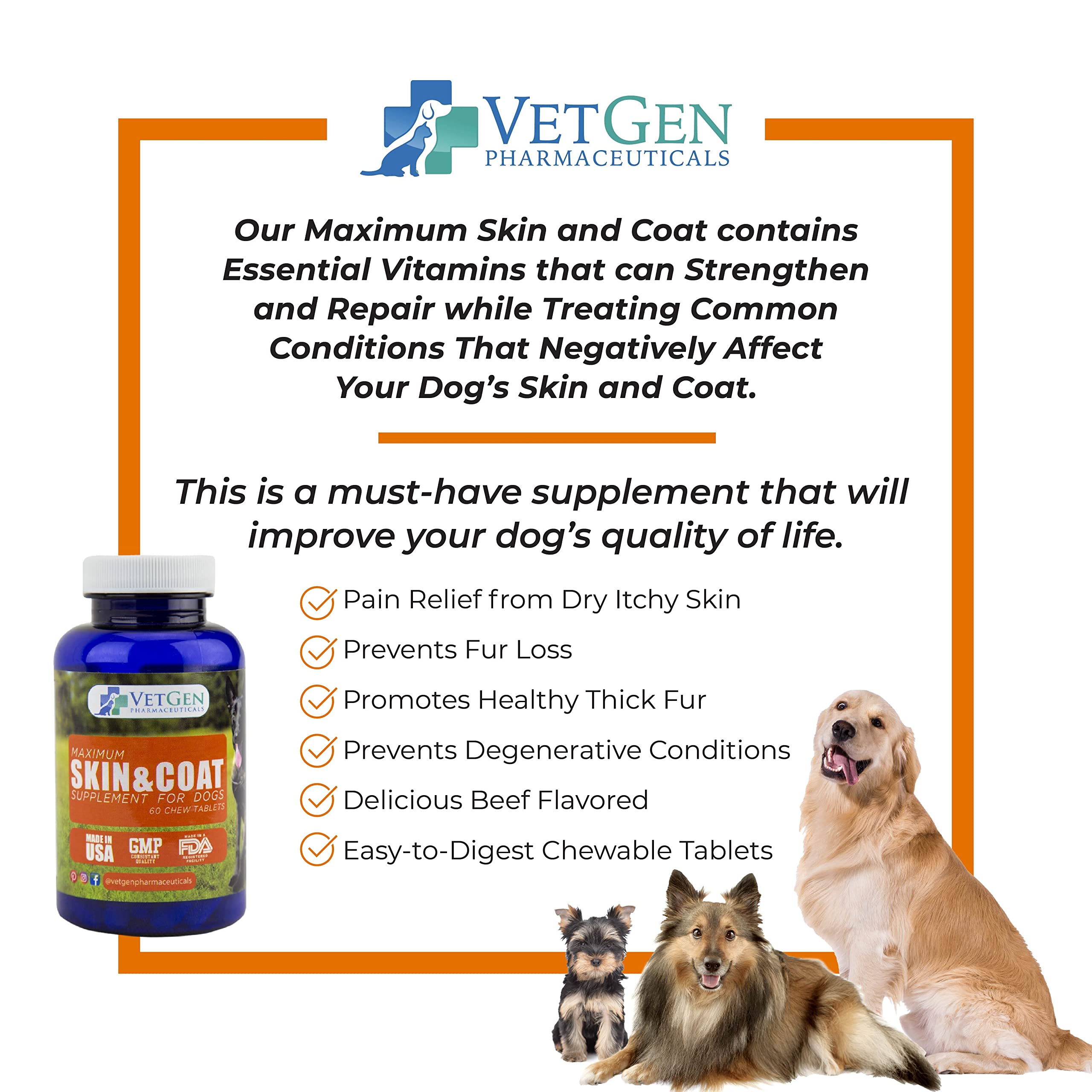 VetGen Maximum Skin & Coat Supplement | Beef Flavored Chewable Tablets for Dogs with Vitamin E, Alpha Linoleic Acid and Biotin, Vitamins for Pets, 60ct