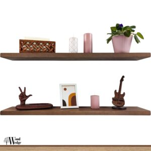 Wood Wedge Floating Shelves for Wall, Set of 2 Wall Storage Shelves, Kids Bookshelf, Photo&Picture, Shelves for Bedroom, Living Room, Bathroom, Kitchen (American Walnut, 36in, Ash)