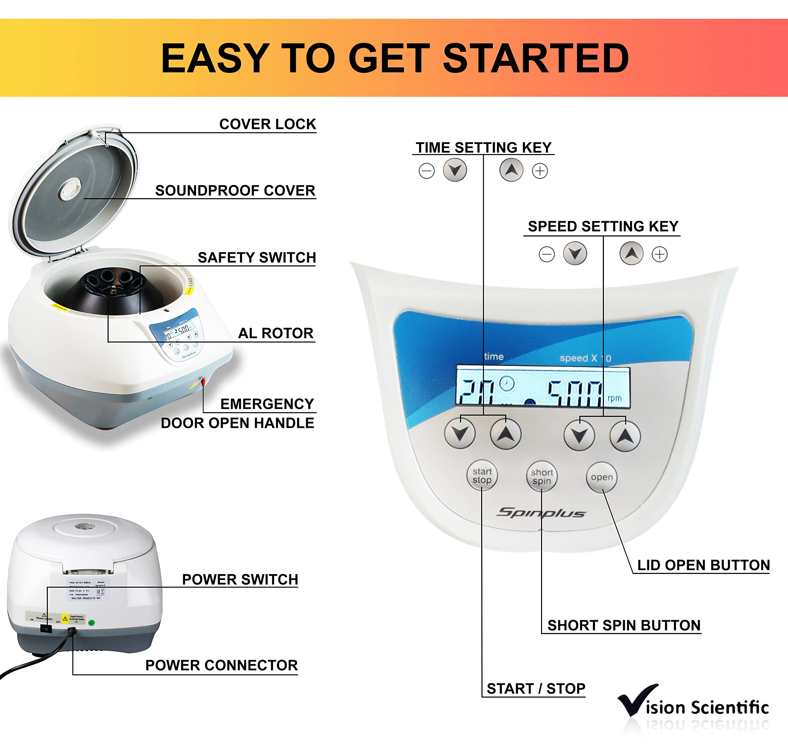 Vision Scientific VS-TC-SPINPLUS-8 Digital Bench-top Centrifuge | 400-5000rpm (Max. 3074xg) | LCD Display | Capacity: 8 x 15ml