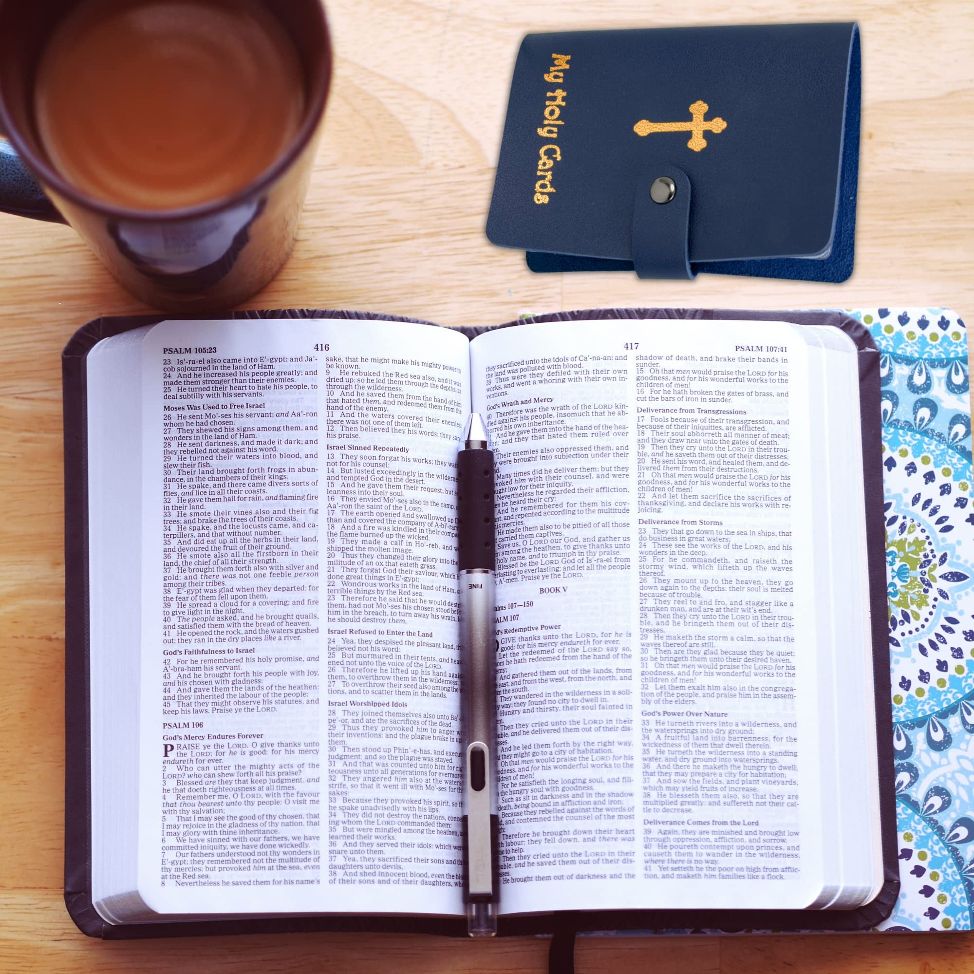 Holy Prayer Card Holder with Gold Tone Stamped Cross, Navy Blue Faux Leather Holders for Cards, Thin Albums for Catholic Prayers, 5.25 Inches