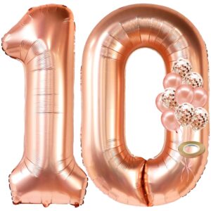 katchon, giant rose gold 10 balloon number - 40 inch, pack of 12 | rose gold 10 balloon with confetti balloons | rose gold 10th birthday decorations for girls | happy 10th birthday balloons for girls