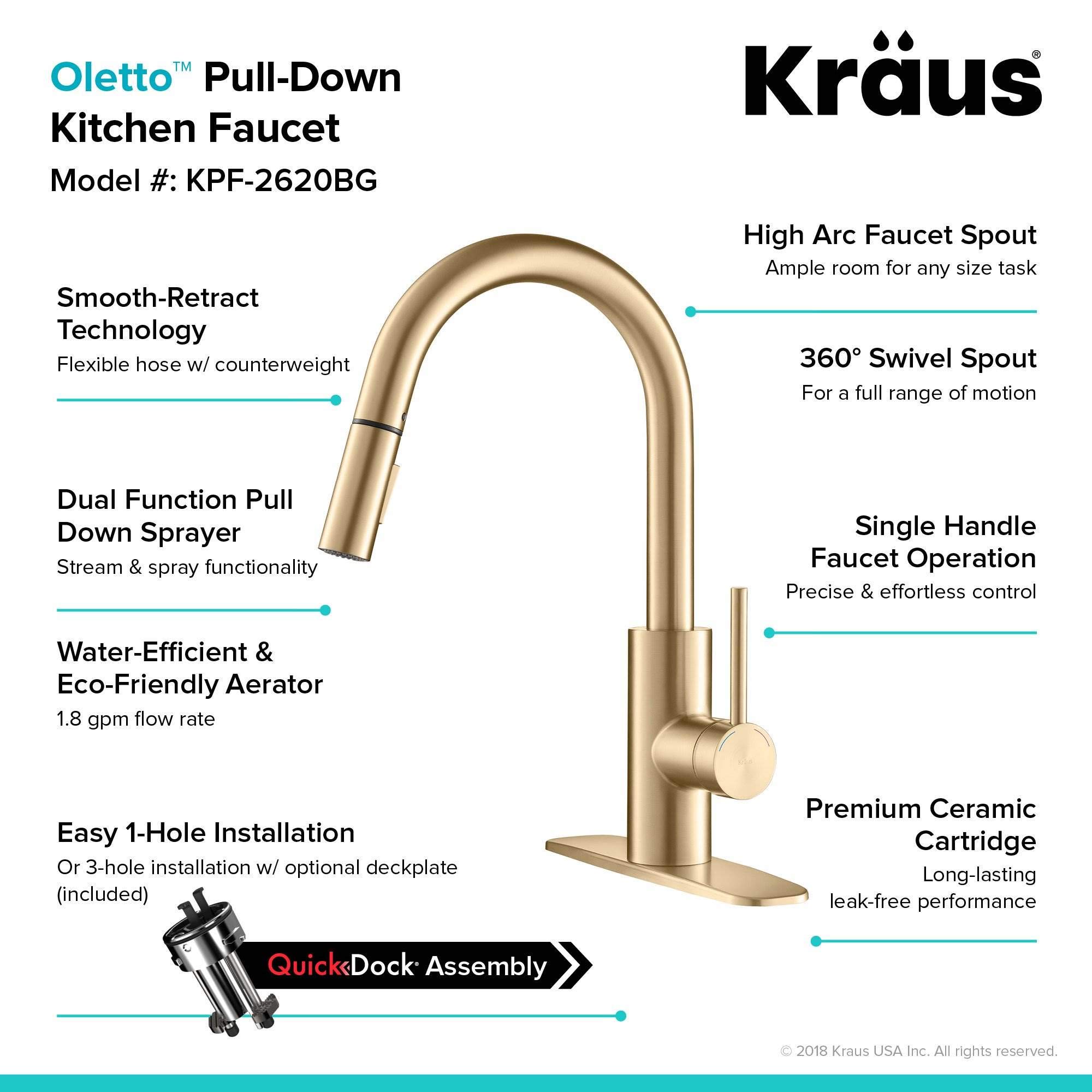 KRAUS Oletto Single Handle Pull Down Kitchen Faucet with QuickDock Top Mount Installation Assembly in Spot-Free Brushed Brass, KPF-2620BB