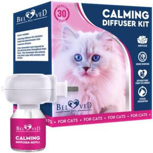 beloved pets cat calming diffuser & pet anti anxiety products - feline calm pheromones plug in & cats stress relief comfort help with aggression, new zone, pee, fighting with dogs & other behavior