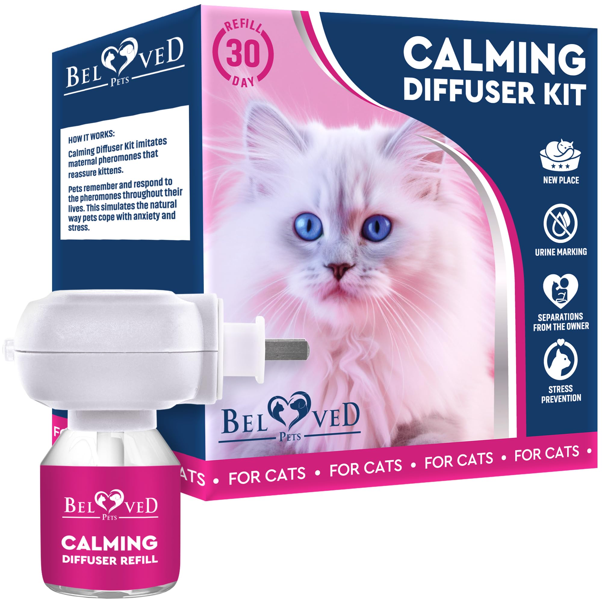 Beloved Pets Cat Calming Diffuser & Pet Anti Anxiety Products - Feline Calm Pheromones Plug in & Cats Stress Relief Comfort Help with Aggression, New Zone, Pee, Fighting with Dogs & Other Behavior