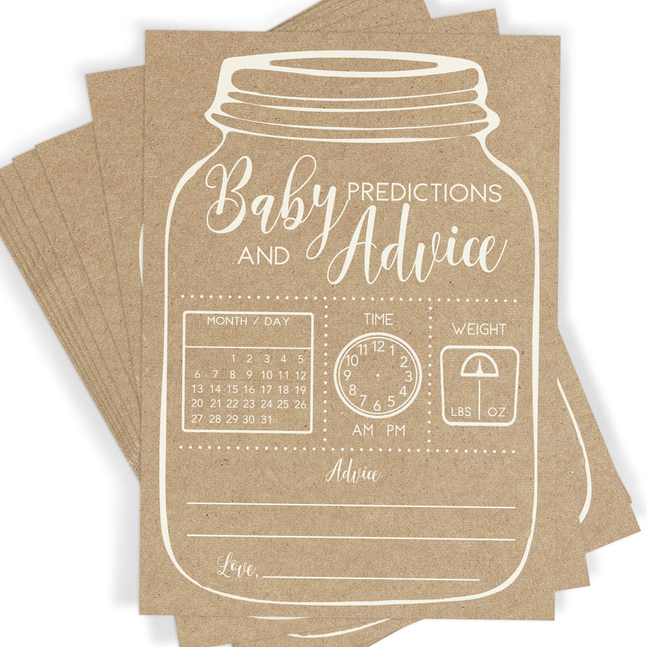 Printed Party Baby Predictions & Advice Cards for New Parents – Baby Shower Game, Wishes for Mommy & Daddy, Gender Reveal Boy or Girl, Rustic Mason Jar Theme, 50 Cards