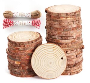 50pcs wood slices 2.4"-2.8" unfinished natural wood rounds with pre-drilled hole and 66feet twine string, wood slices for wood burning painting diy crafts christmas ornaments party wedding decor