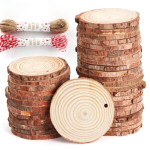 50Pcs Wood Slices 2.4"-2.8" Unfinished Natural Wood Rounds with Pre-drilled Hole and 66Feet Twine String, Wood Slices for Wood Burning Painting DIY Crafts Christmas Ornaments Party Wedding Decor