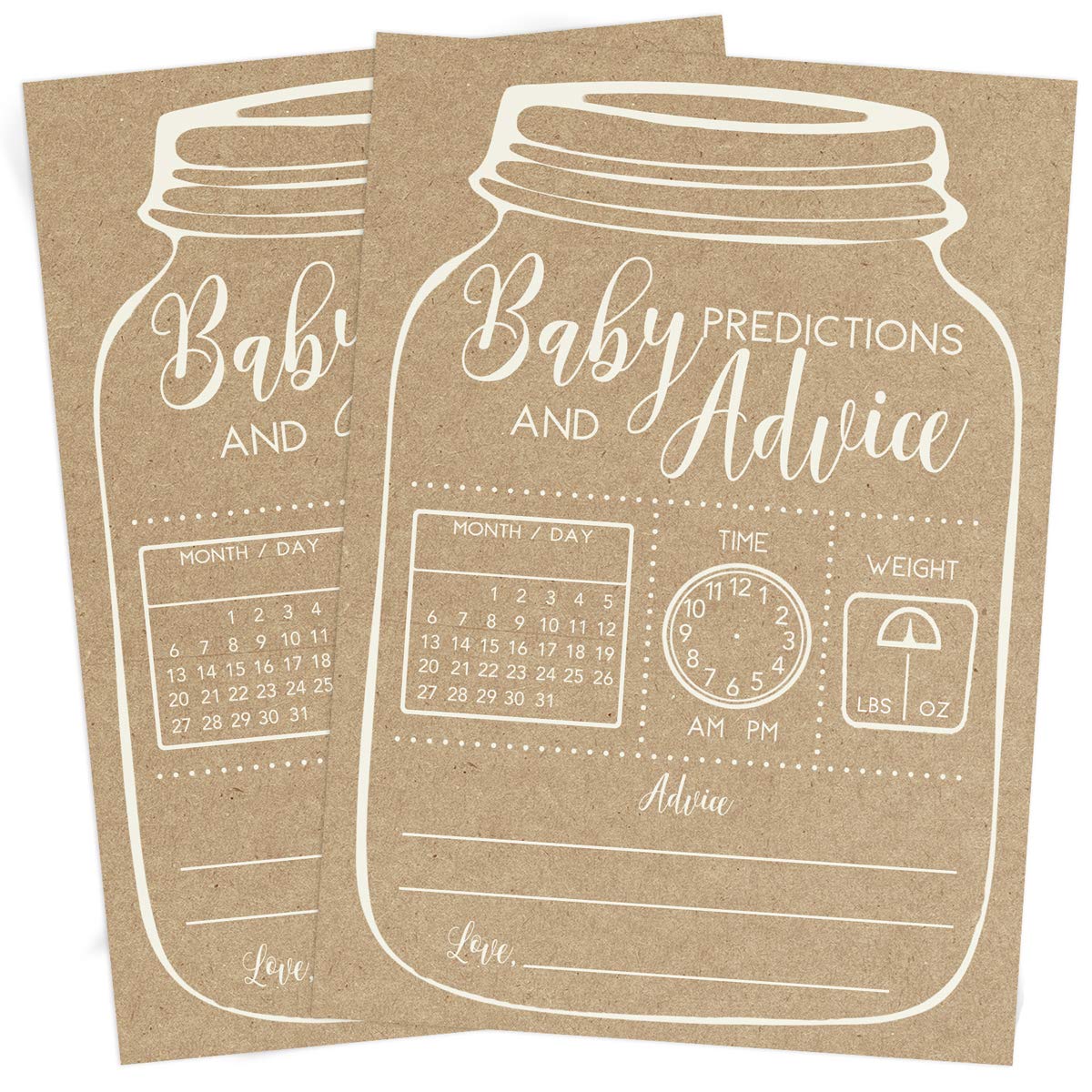 Printed Party Baby Predictions & Advice Cards for New Parents – Baby Shower Game, Wishes for Mommy & Daddy, Gender Reveal Boy or Girl, Rustic Mason Jar Theme, 50 Cards