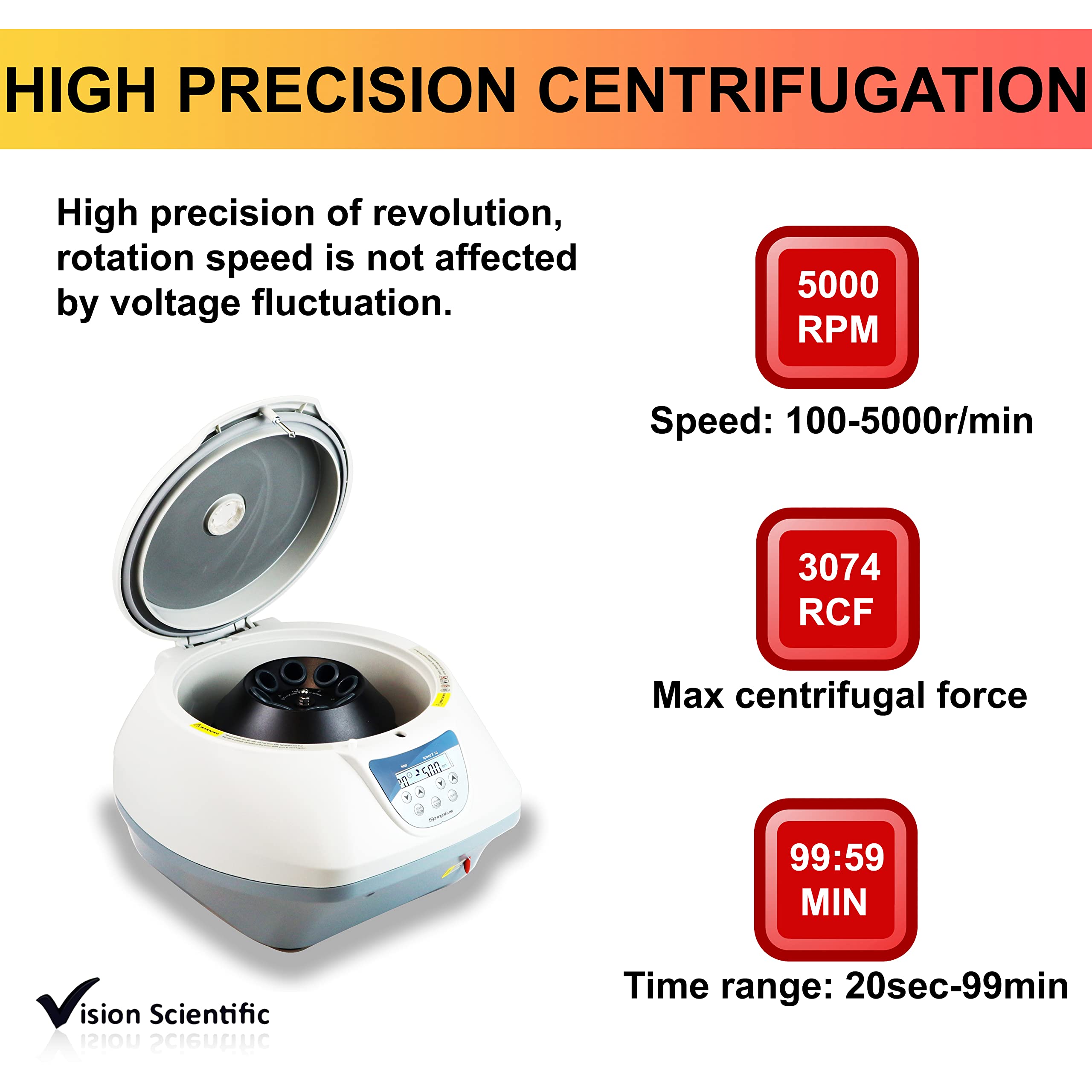 Vision Scientific VS-TC-SPINPLUS-8 Digital Bench-top Centrifuge | 400-5000rpm (Max. 3074xg) | LCD Display | Capacity: 8 x 15ml