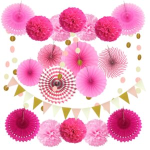 zerodeco party decoration, 21 pcs pink hanging paper fans, pom poms flowers, garlands string polka dot and triangle bunting flags for birthday parties, bridal showers, baby showers, wedding