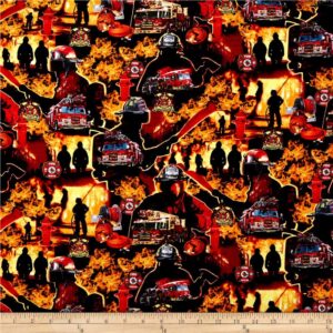 under fire fireman montage red, fabric by the yard