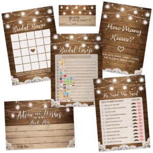 printed party bridal shower game set – 5 fun games and activities for 50 guests, includes bingo, trivia, guess how many, and advice cards, rustic country wedding shower games