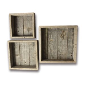 rockin' wood rustic wood shadow box floating shelves with wood backing, made with reclaimed barn wood, set of 3, weathered grey