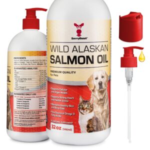 pure wild alaskan salmon oil for dogs, cats, ferrets - 32 oz liquid omega 3 fish oil, pump on food - unscented all natural supplement for skin and coat, joints, heart, brain, allergy, weight, immune