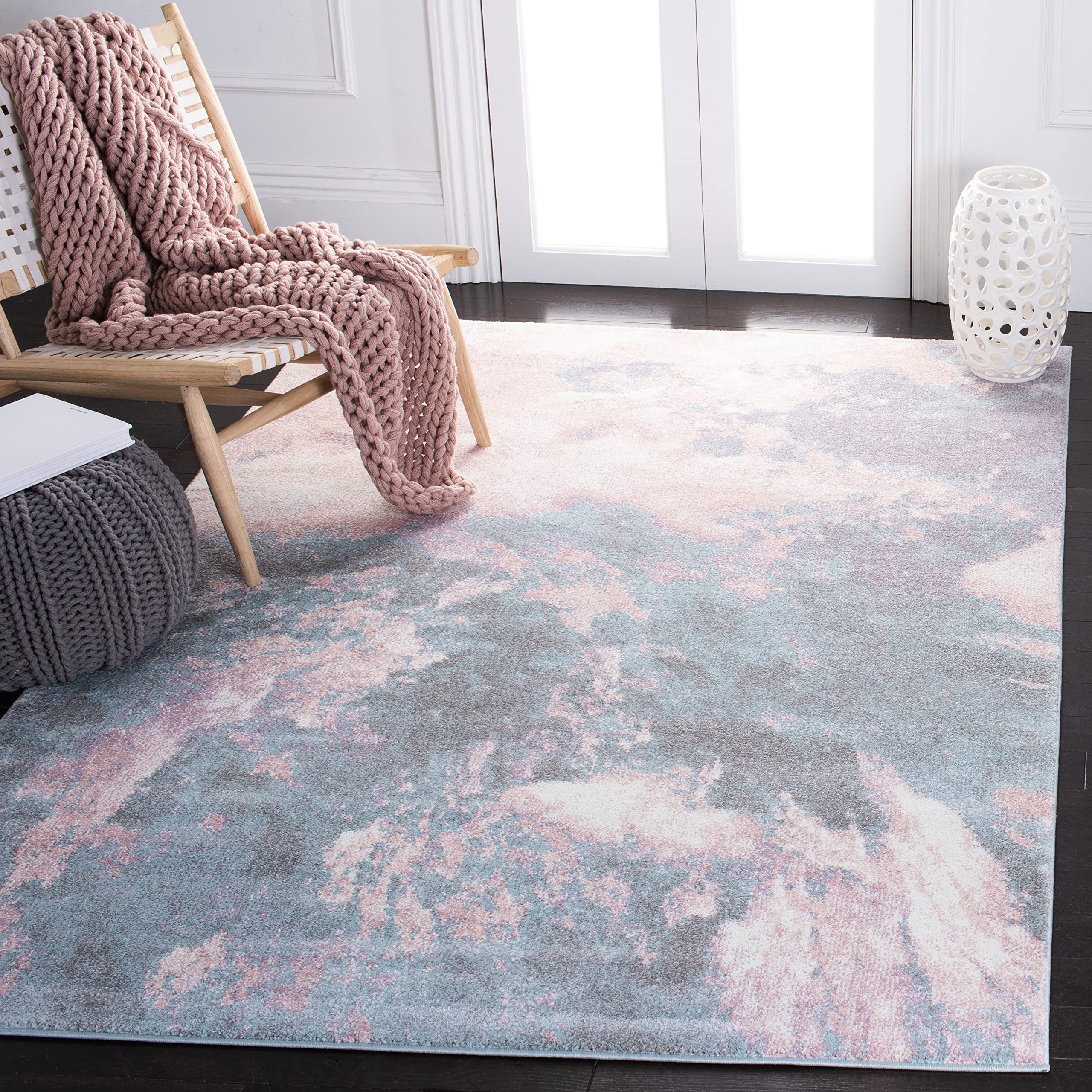 SAFAVIEH Glacier Collection 5'3" Round Blue/Multi GLA123B Modern Abstract Non-Shedding Dining Room Entryway Foyer Living Room Bedroom Area Rug