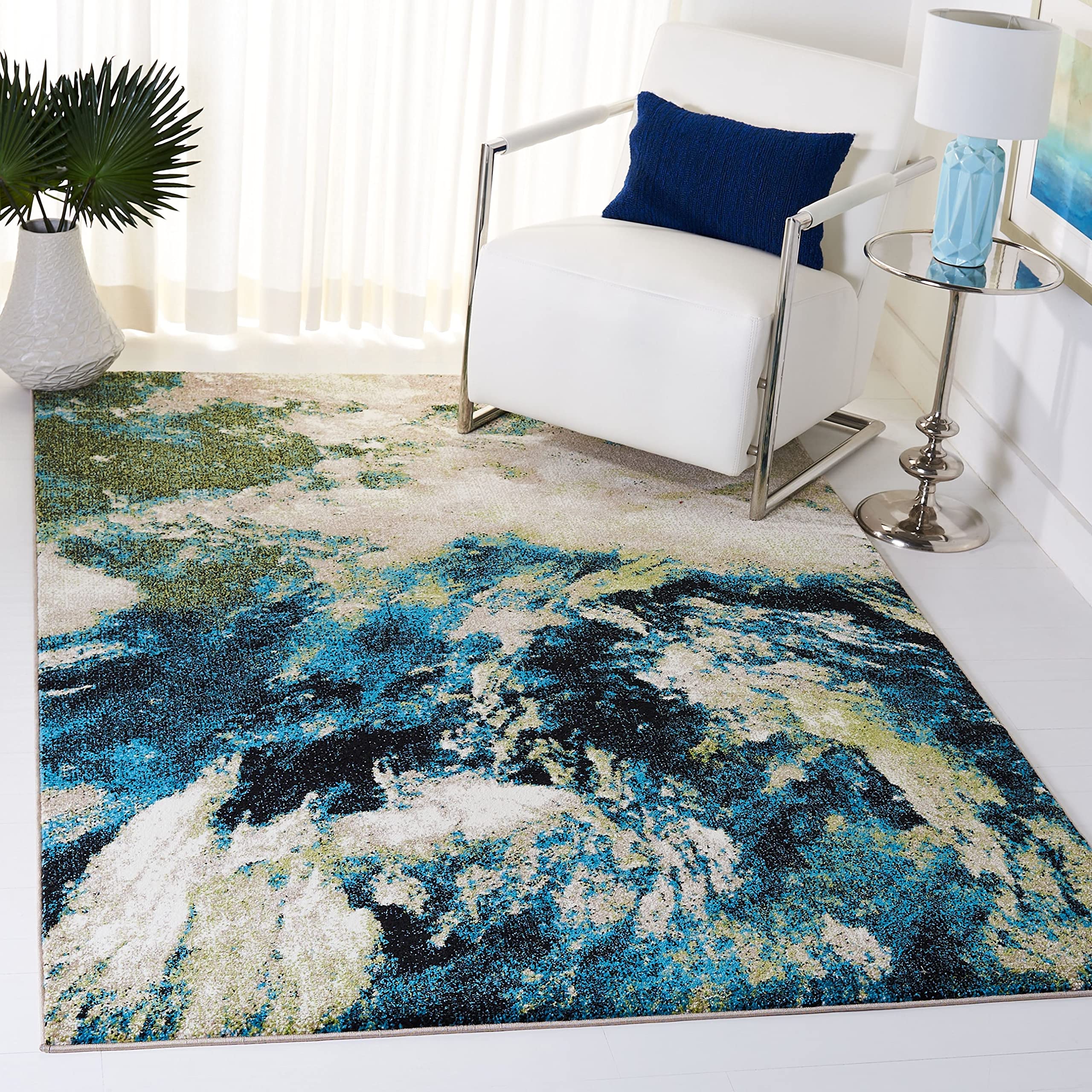 SAFAVIEH Glacier Collection 5'3" Round Blue/Multi GLA123B Modern Abstract Non-Shedding Dining Room Entryway Foyer Living Room Bedroom Area Rug