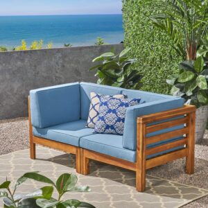 GDFStudio Outdoor Sectional Loveseat Set - 2-Seater - Acacia Wood - Outdoor Cushions - Teak and Blue