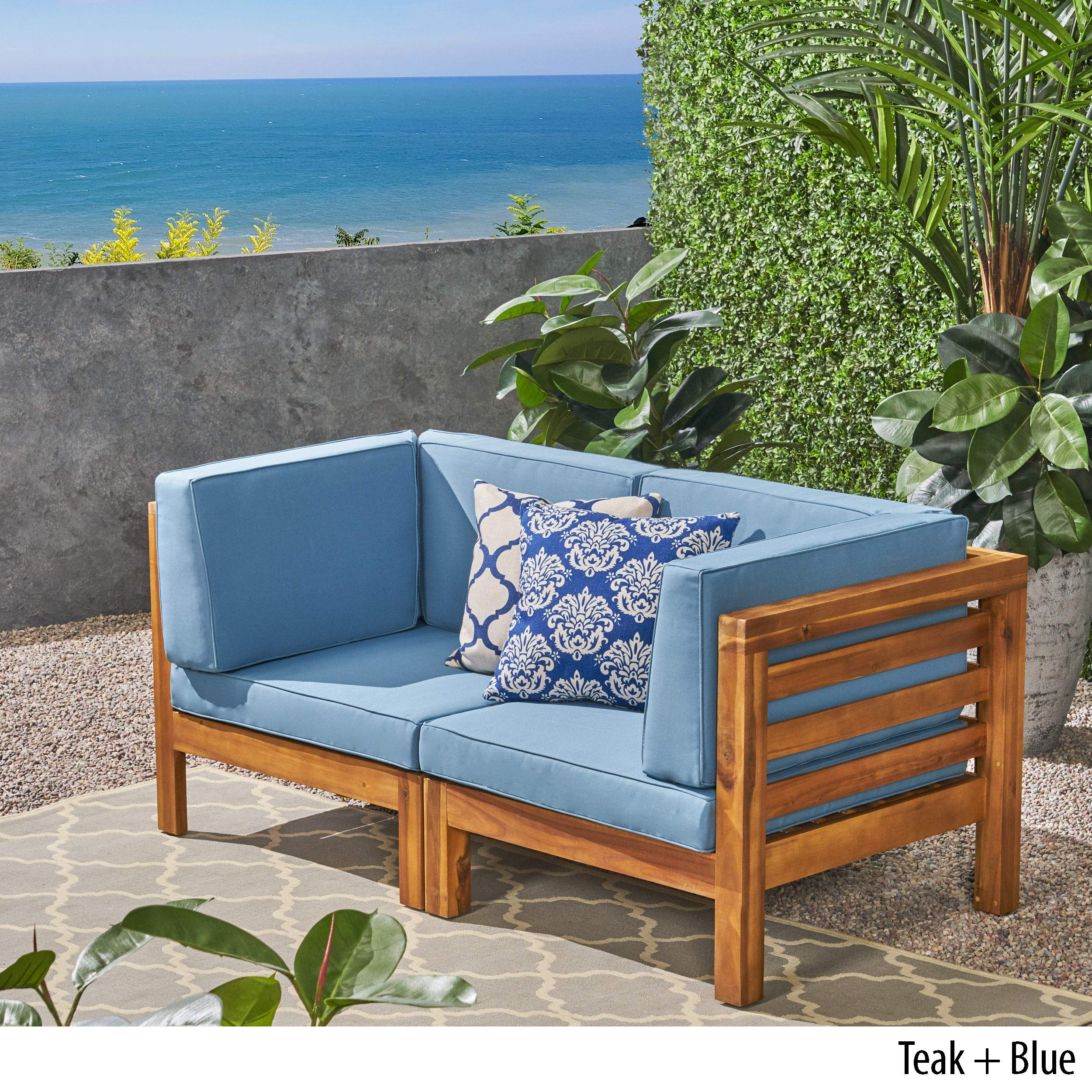 GDFStudio Outdoor Sectional Loveseat Set - 2-Seater - Acacia Wood - Outdoor Cushions - Teak and Blue