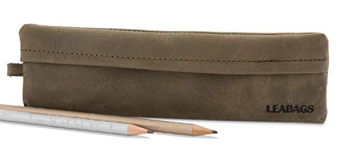 LEABAGS Leather Pencil Case - Genuine Leather Pencil Pouch Fort Vaux - Pen Case for Adults Men Women Work University Olive Green