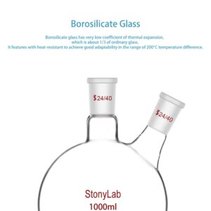 StonyLab 1000ml Glass 2 Neck Round Bottom Flask RBF, with 24/40 Center and Side Standard Taper Outer Joint - 1L (1 Liter)