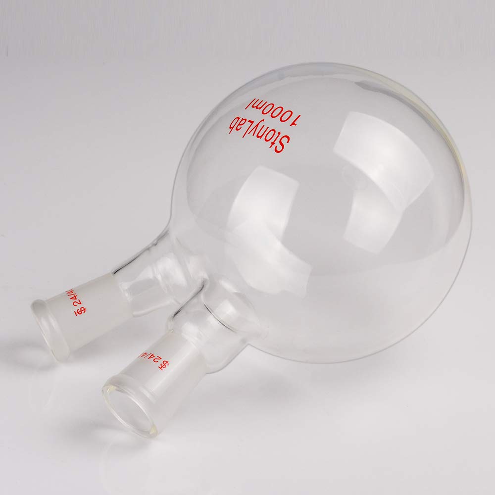 StonyLab 1000ml Glass 2 Neck Round Bottom Flask RBF, with 24/40 Center and Side Standard Taper Outer Joint - 1L (1 Liter)