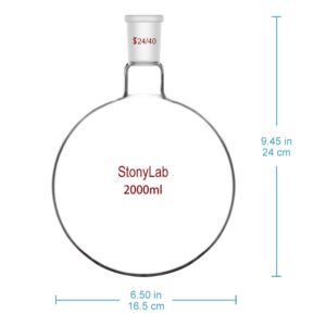 StonyLab 2000 ml Glass Single Neck Round Bottom Flask RBF, with 24/40 Standard Taper Outer Joint, 2 L (2 Liter)