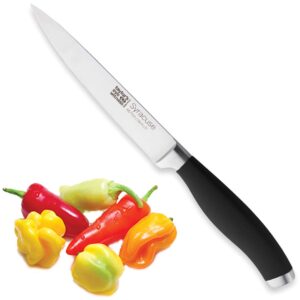 taylors eye witness syracuse all purpose kitchen knife - professional 13cm/5” cutting edge, multi use. ultra fine blade, precision ground razor sharp. soft textured grip matte black handle.