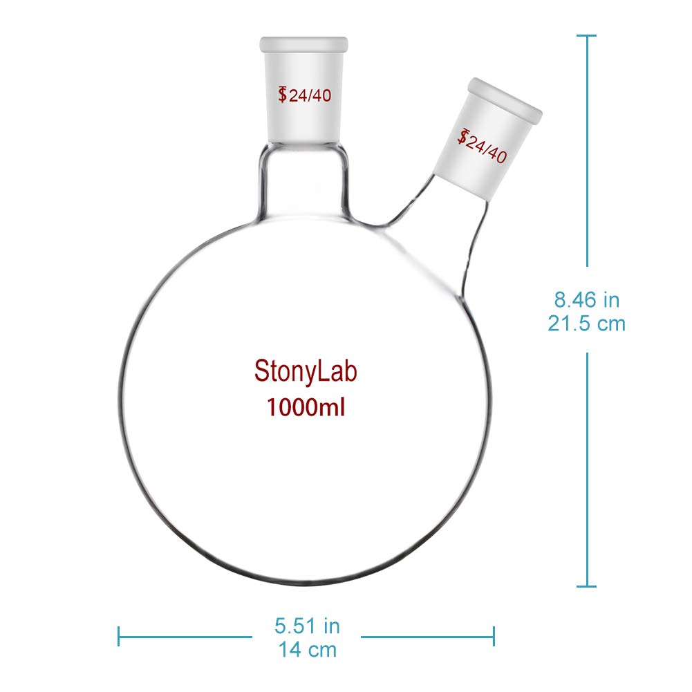 StonyLab 1000ml Glass 2 Neck Round Bottom Flask RBF, with 24/40 Center and Side Standard Taper Outer Joint - 1L (1 Liter)