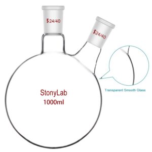 StonyLab 1000ml Glass 2 Neck Round Bottom Flask RBF, with 24/40 Center and Side Standard Taper Outer Joint - 1L (1 Liter)