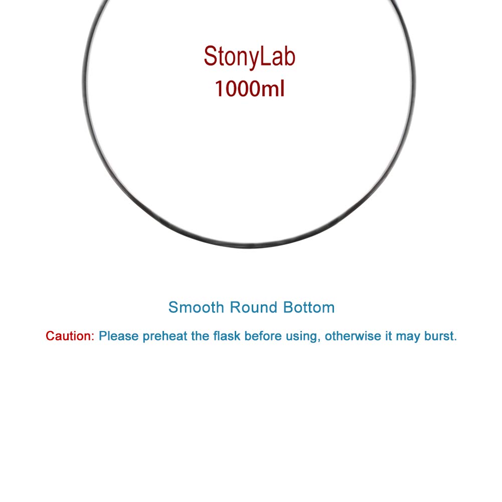 StonyLab 1000ml Glass 2 Neck Round Bottom Flask RBF, with 24/40 Center and Side Standard Taper Outer Joint - 1L (1 Liter)