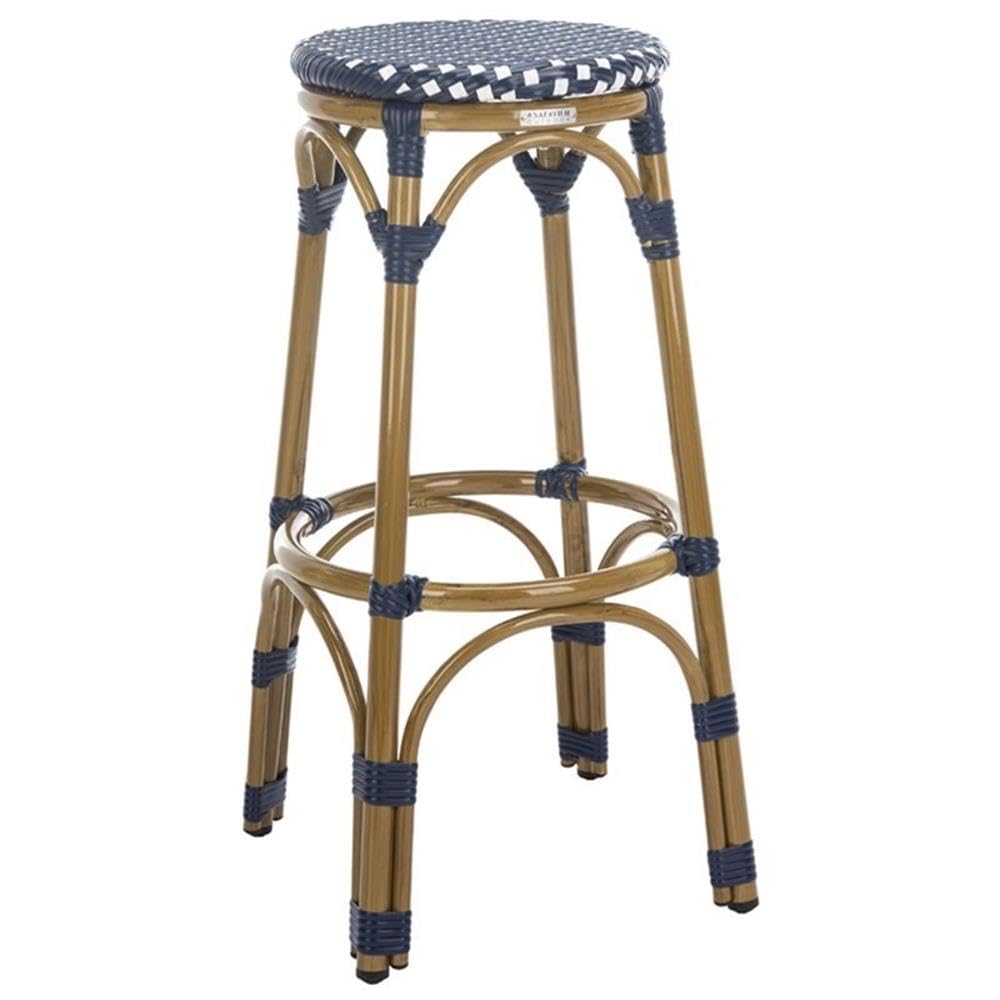 SAFAVIEH Outdoor Collection Kipnuk Navy and White and Light Brown Indoor/Outdoor Stacking Bar Stool