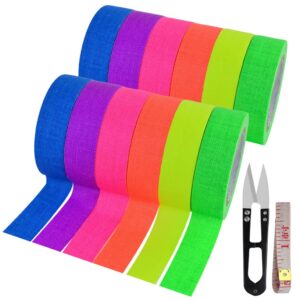 12 pack uv blacklight reactive 6 color fluorescent tape fluorescent cloth tape colorful neon gaffer tape neon reflective tape neon adhesive tape glow in the dark tape, 0.59"x16.4ft each roll