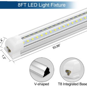 JESLED LED Shop Light 8FT, 72W 6500K Cool White, 9000LM High Output, V Shape, T8 Linkable 8 Foot LED Tube Lights for Garage, Warehouse, Plug and Play, Clear Cover (6-Pack)