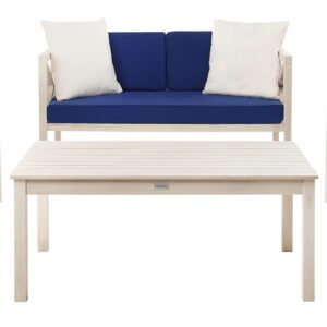 SAFAVIEH PAT7031A Collection Nunzio Teak and White and Navy 4 Pc Accent Pillows Outdoor Set