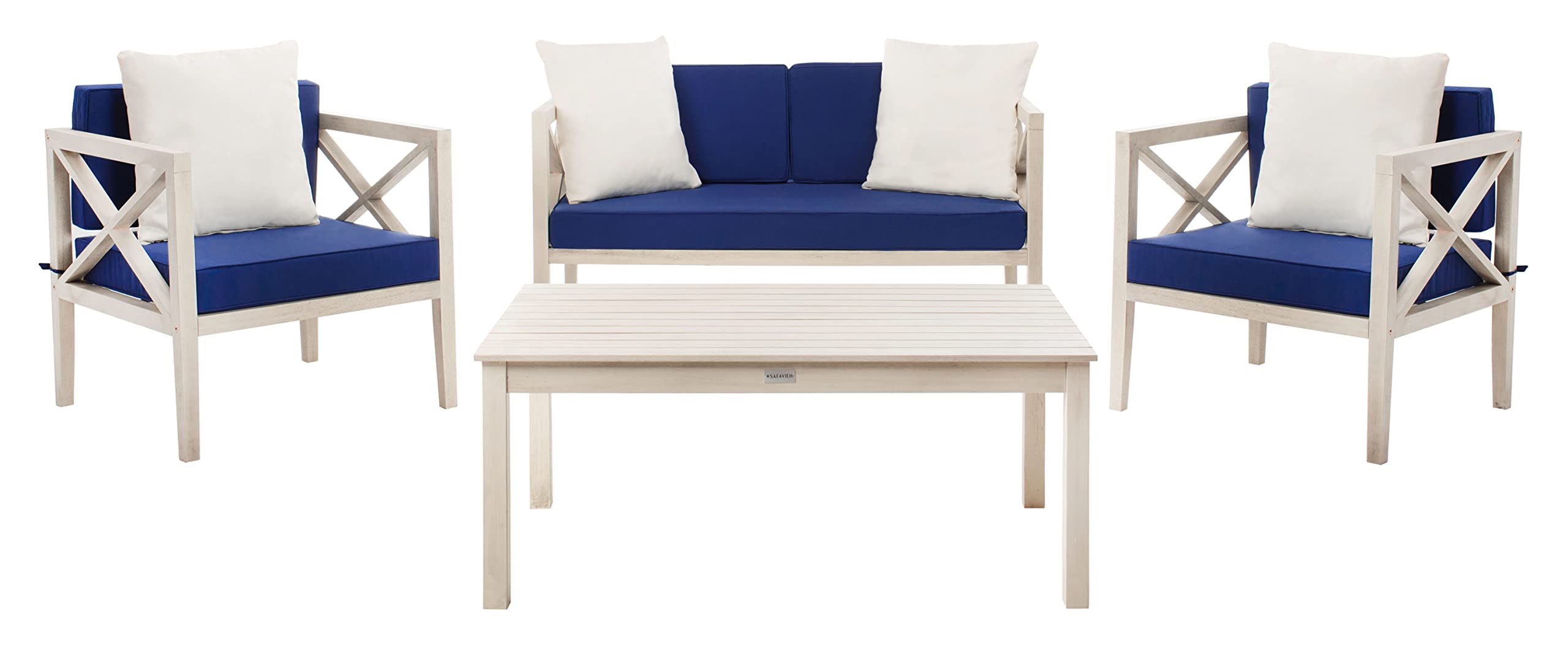 SAFAVIEH PAT7031A Collection Nunzio Teak and White and Navy 4 Pc Accent Pillows Outdoor Set