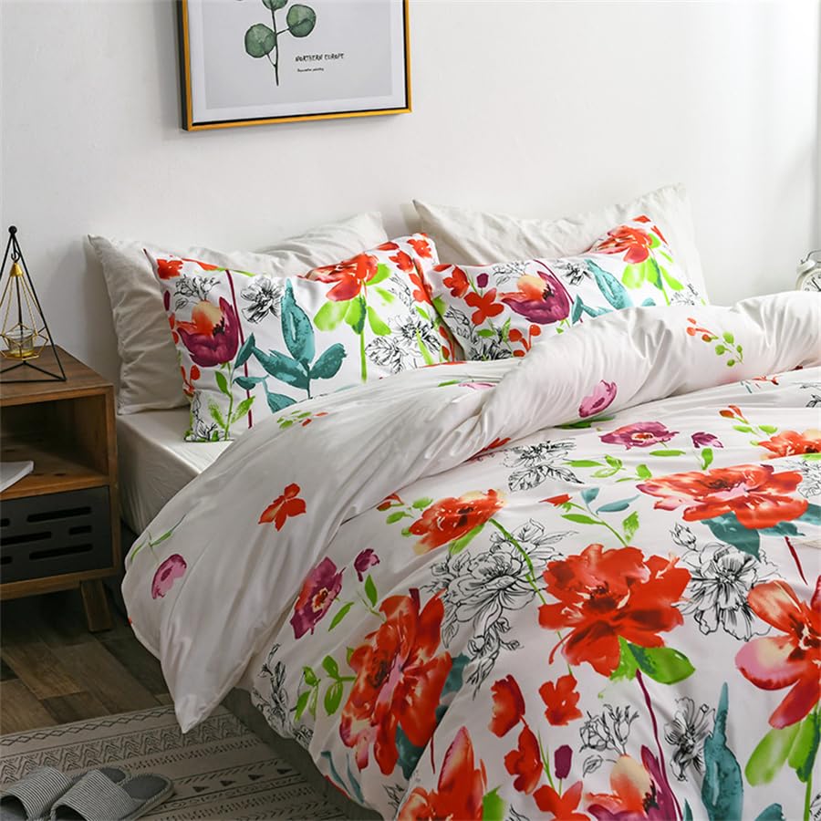 Fire Kirin Floral Duvet Cover Set with Soft Lightweight Microfiber 1 Duvet Cover and 2 Pillowcases, Colorful Flower Pattern Bedding Sets Comforter Cover (King)