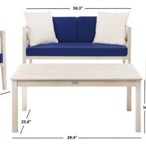 SAFAVIEH PAT7031A Collection Nunzio Teak and White and Navy 4 Pc Accent Pillows Outdoor Set