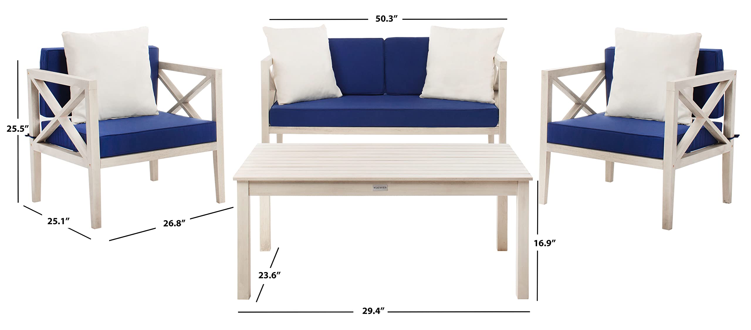 SAFAVIEH PAT7031A Collection Nunzio Teak and White and Navy 4 Pc Accent Pillows Outdoor Set