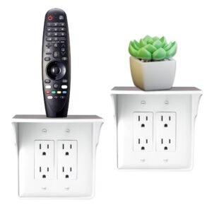 storage theory power perch double outlet shelf - convert your outlet into display shelves - alexa speaker stand, electric toothbrush holder - light socket shelf 2 pack, white