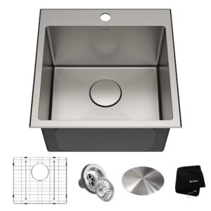 kraus 18 x 18 inch standart pro™ drop-in top mount 16 gauge single bowl 1-hole stainless steel kitchen sink set (5 item bundle: sink, bottom grid, drain assembly, drain cap, kitchen towel), kht301-18