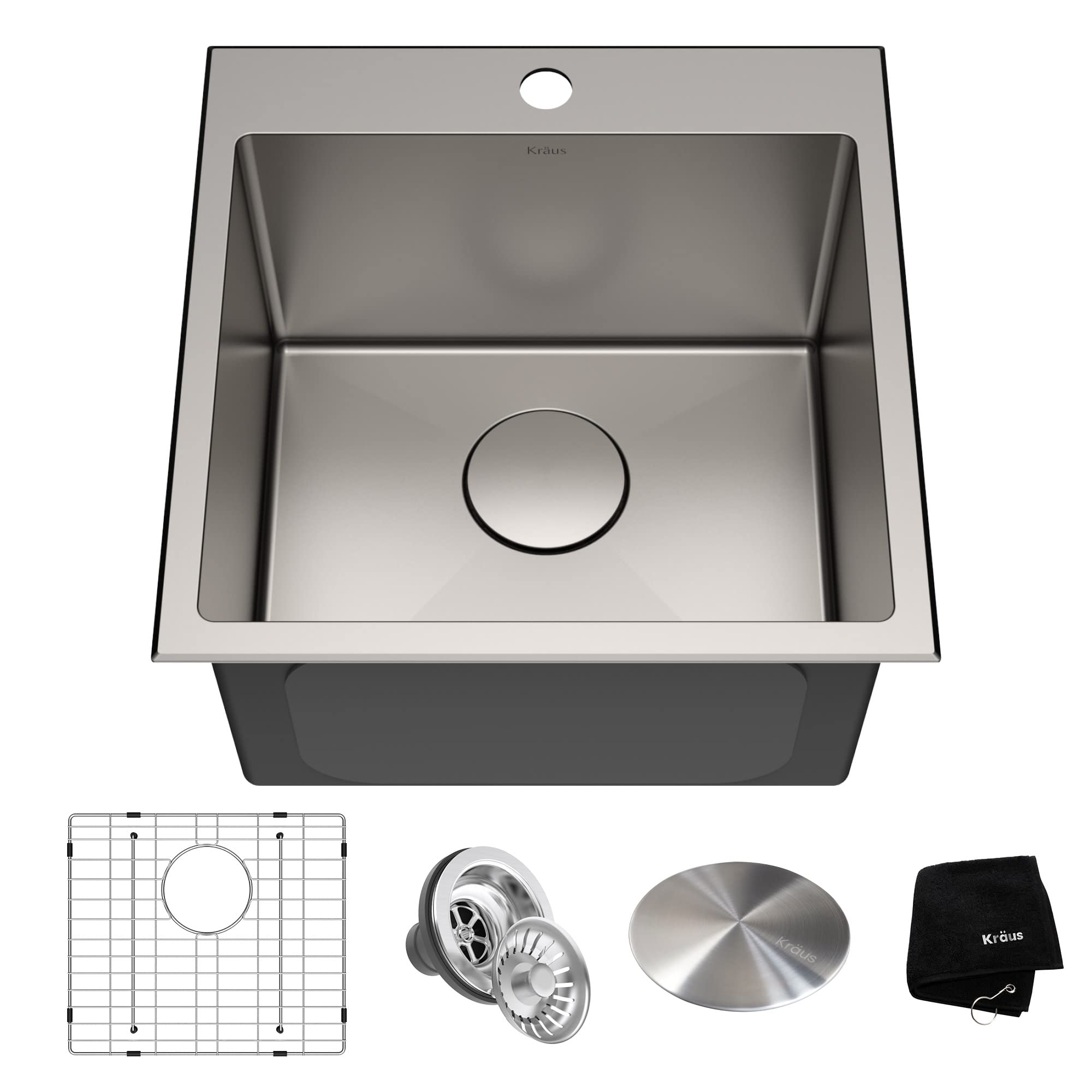 KRAUS 18 x 18 inch Standart PRO™ Drop-In Top Mount 16 Gauge Single Bowl 1-Hole Stainless Steel Kitchen Sink Set (5 Item Bundle: Sink, Bottom Grid, Drain Assembly, Drain Cap, Kitchen Towel), KHT301-18