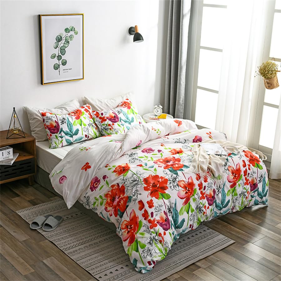 Fire Kirin Floral Duvet Cover Set with Soft Lightweight Microfiber 1 Duvet Cover and 2 Pillowcases, Colorful Flower Pattern Bedding Sets Comforter Cover (King)