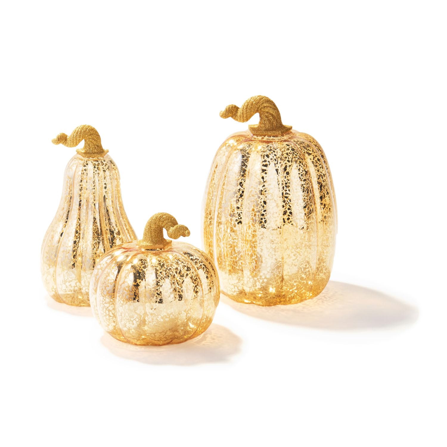 LampLust Gold Glass Pumpkin with Lights - Set of 3, Mercury Glass Style, Batteries Included, Thanksgiving Harvest Decorations, Timer, LED Lighted Gold Pumpkins for Decorating Fall Decor