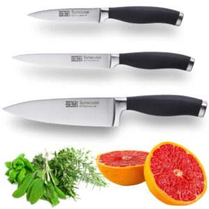 taylors eye witness syracuse kitchen knife 3pce set - paring 9cm/3.5”, chefs 15cm/6” & cooks all purpose 13cm/5” cutting edge. ultra fine, razor sharp blade. soft textured grip matte black handle.